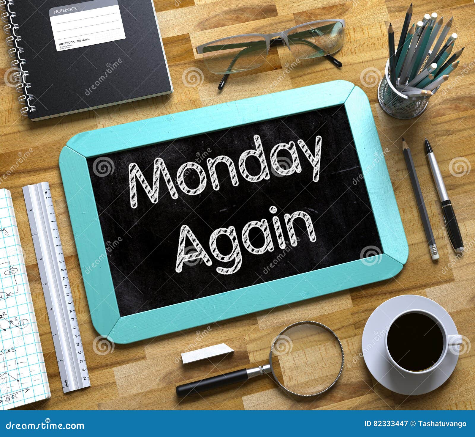 Small Chalkboard with Monday Again. 3D. Stock Illustration ...