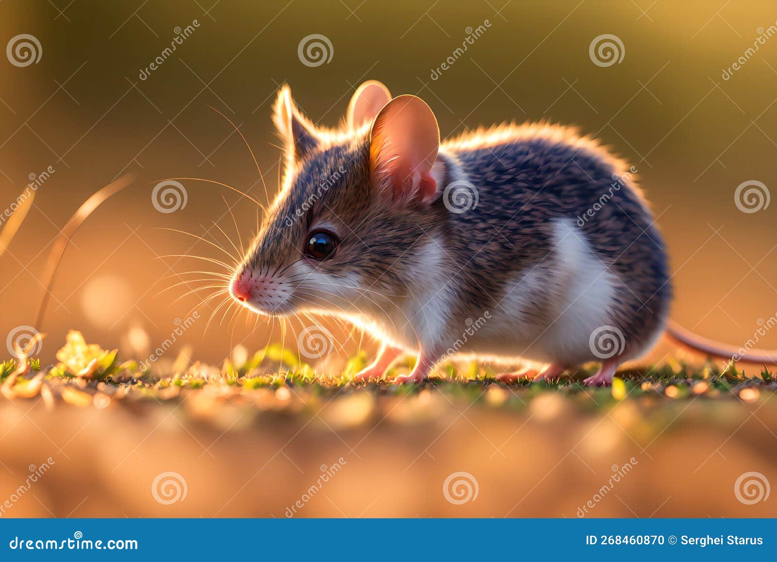 A Small and Charming Mouse Roams the Lush Meadow, Illuminated by the ...