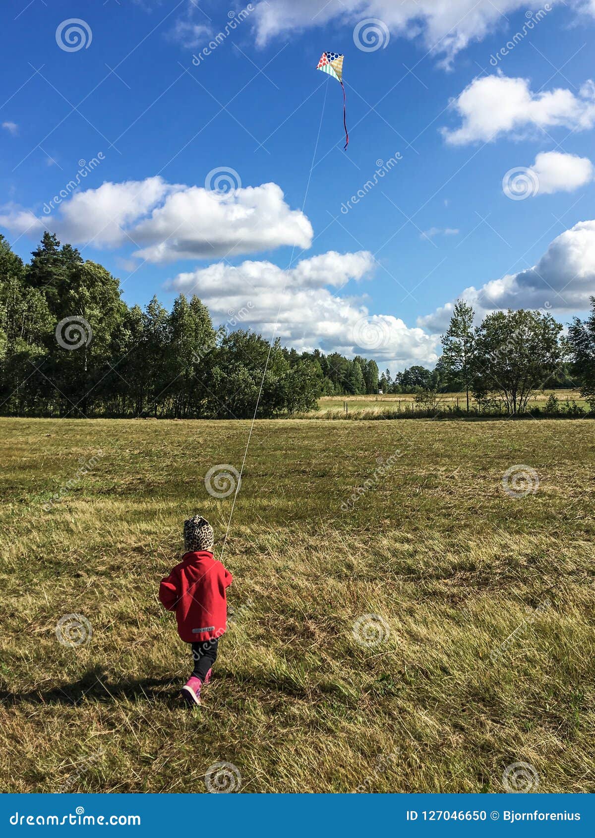 Small Child Flying a Kite on a Windy Field. Stock Photo - Image of ...