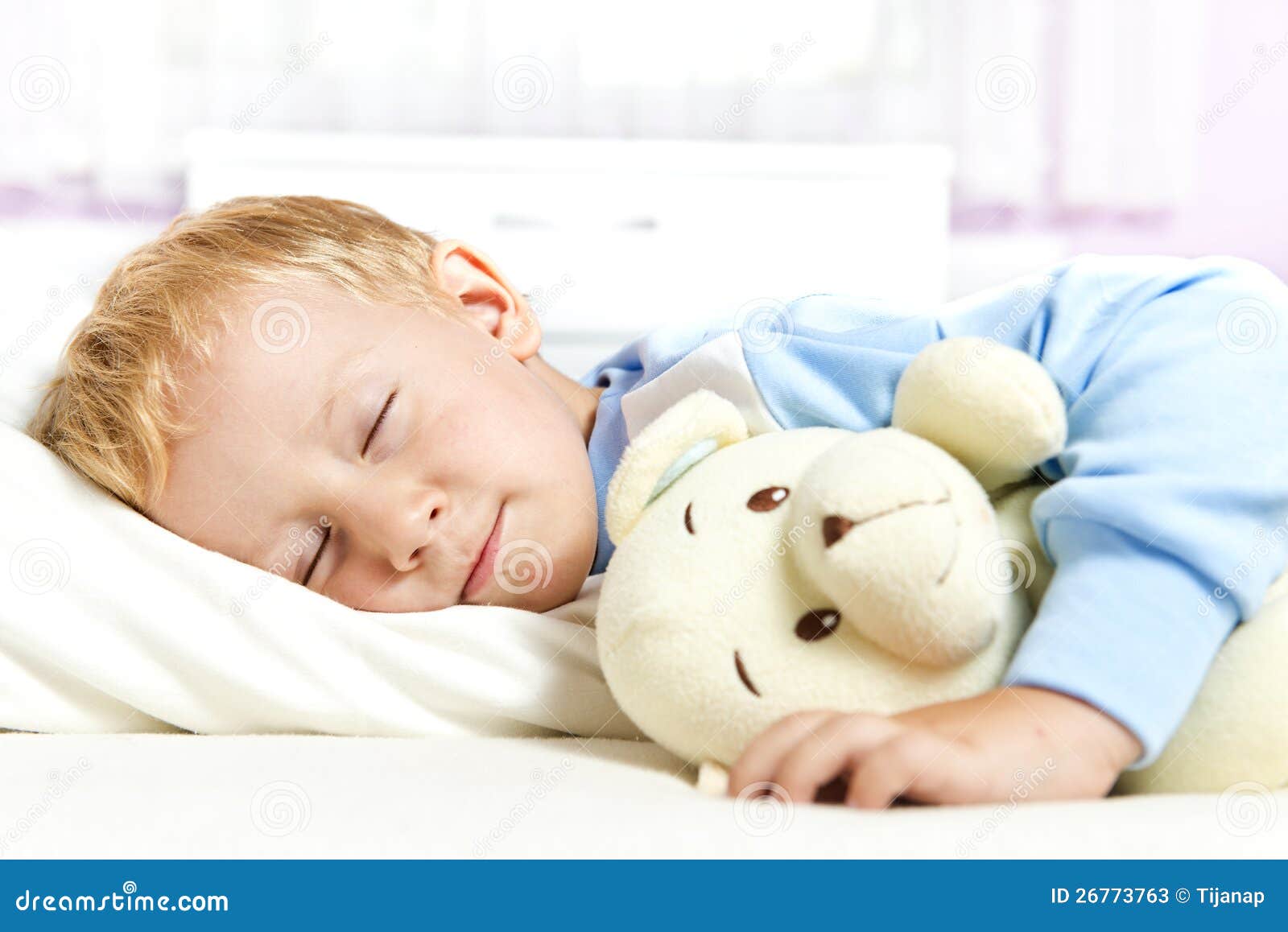 Small Child Sleeping in Bed Stock Image - Image of sweet, teddy: 26773763
