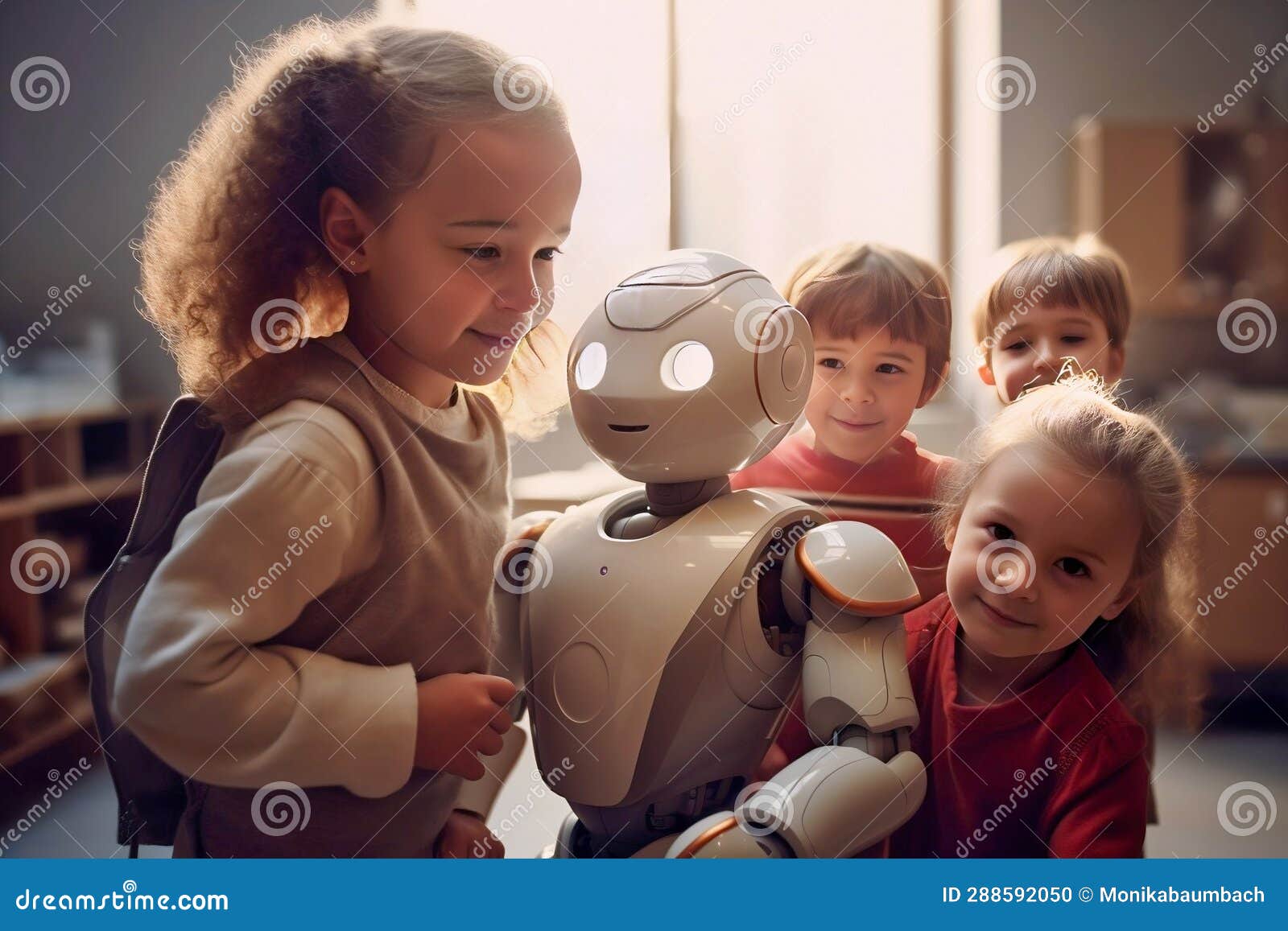 Small Children with Artificial Intelligence Android Robots. Stock ...