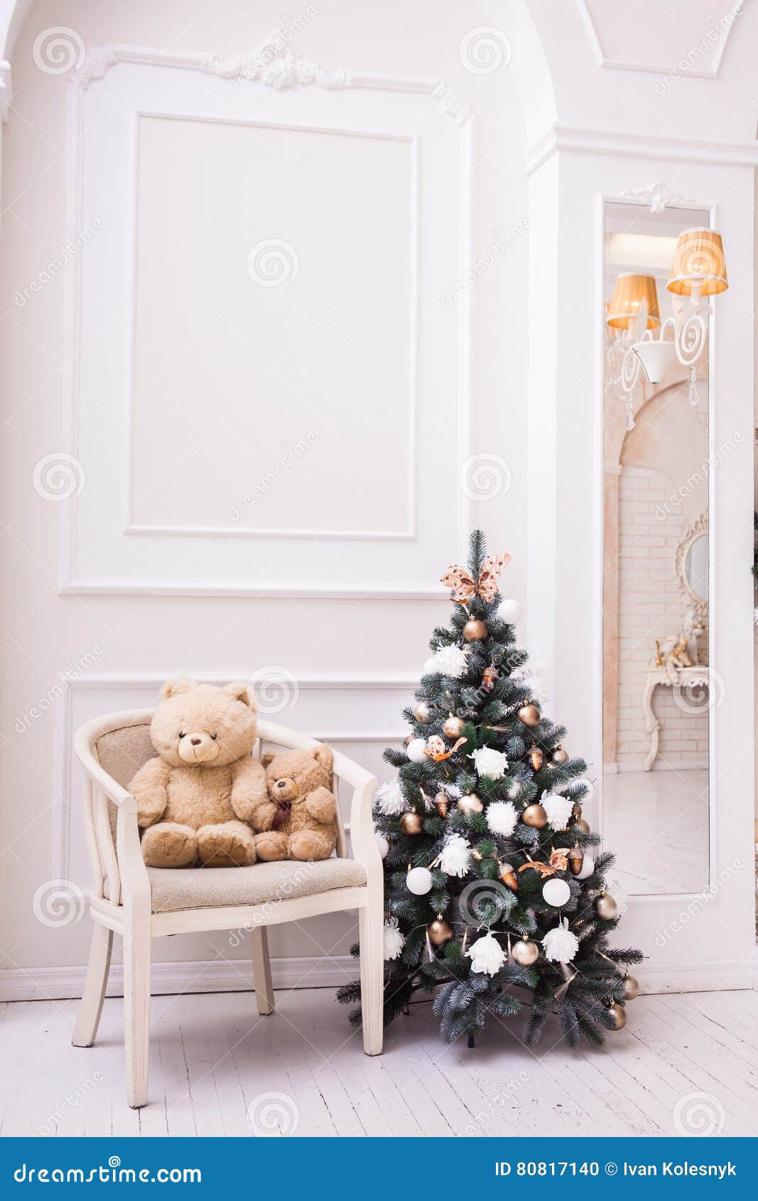 Small Christmas Tree Near Chair with Teddy Bear Stock Photo - Image of ...