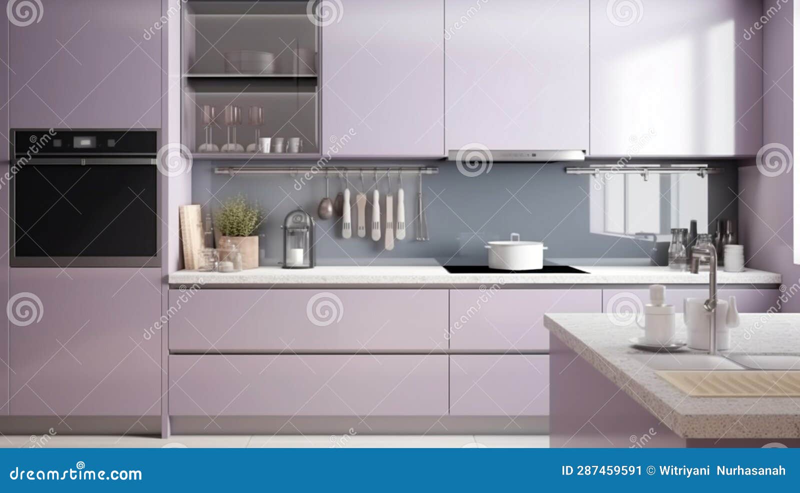 Small Clean Bright Kitchen with Purple Kitchenette. Modern Kitchen ...
