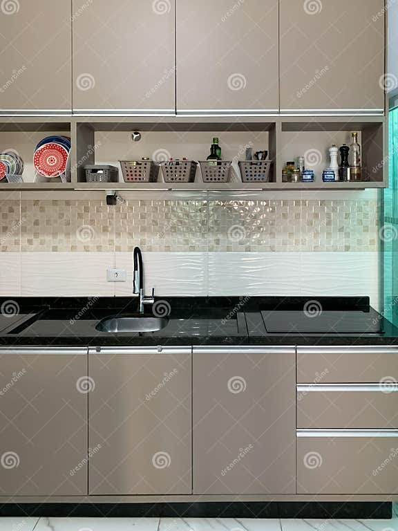 Small Clean Kitchen with Open Shelves and Appliances Stock Image ...