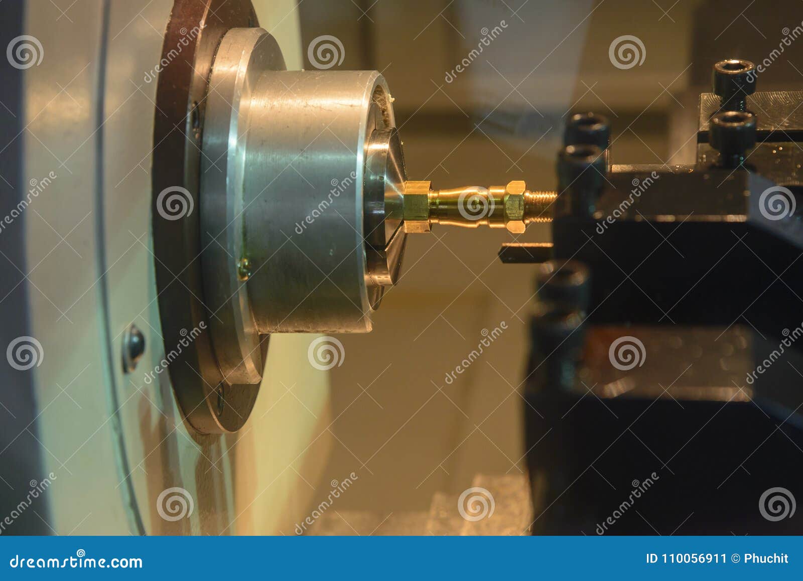 The Small CNC Lathe Cutting the Brass Shaft Stock Image - Image of ...