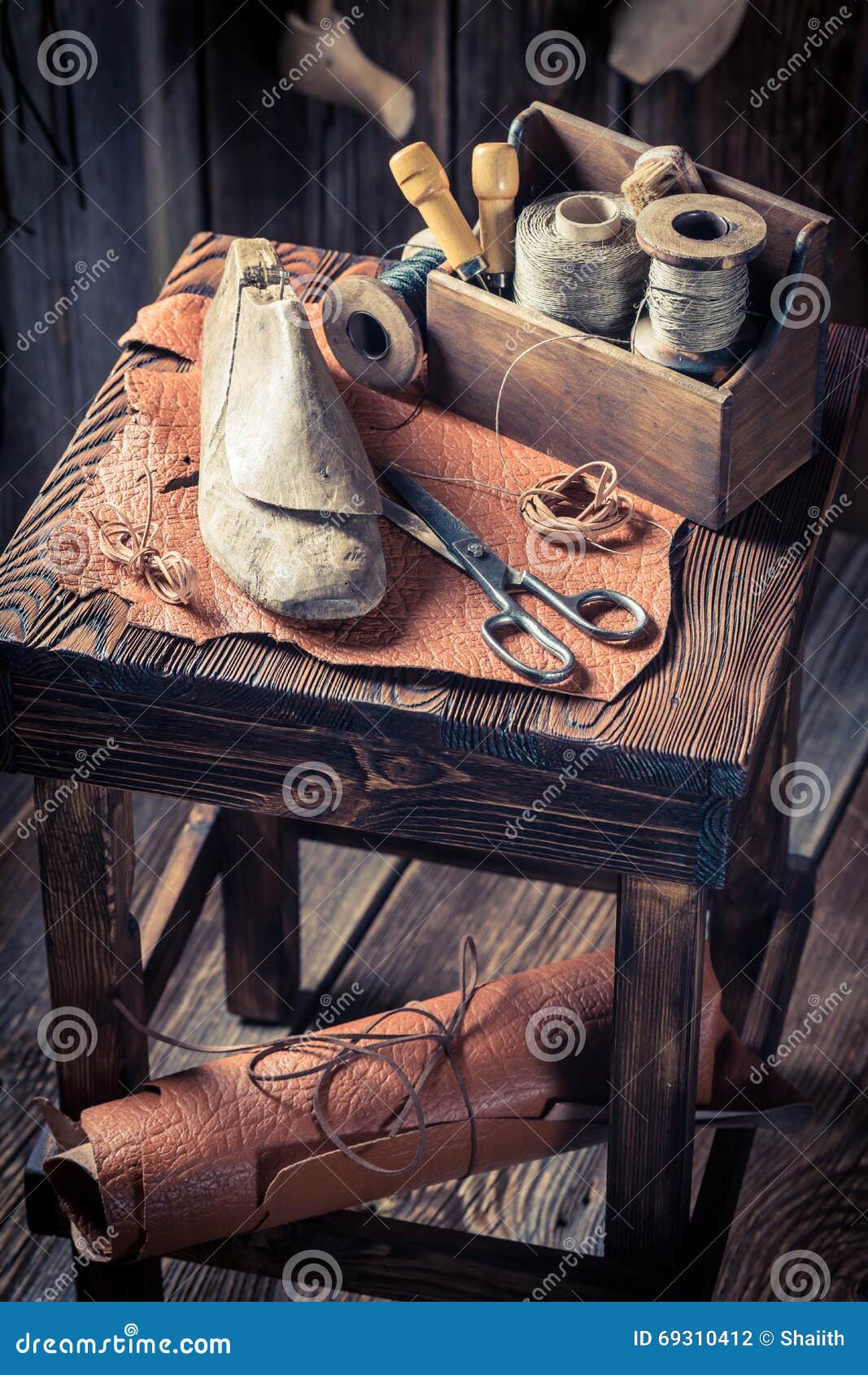 Small Cobbler Workshop with Tools, Shoes and Laces Stock Photo - Image ...
