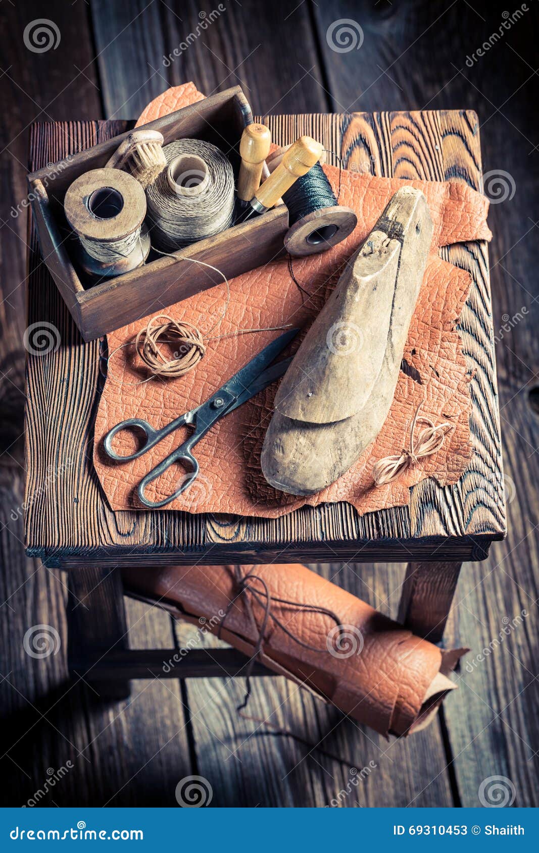 Small Cobbler Workshop with Tools, Shoes and Leather Stock Image ...
