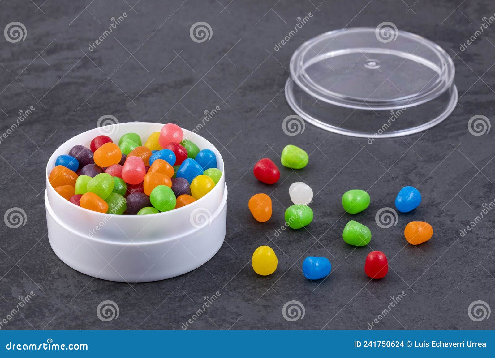 Small Colored Candies in the Plastic Container Stock Photo - Image of ...