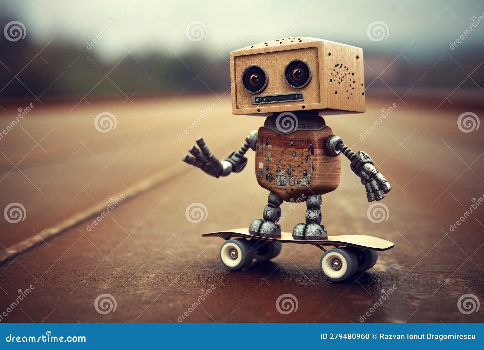 Small, Comical Robot Expertly Maneuvering on a Skateboard Representing ...