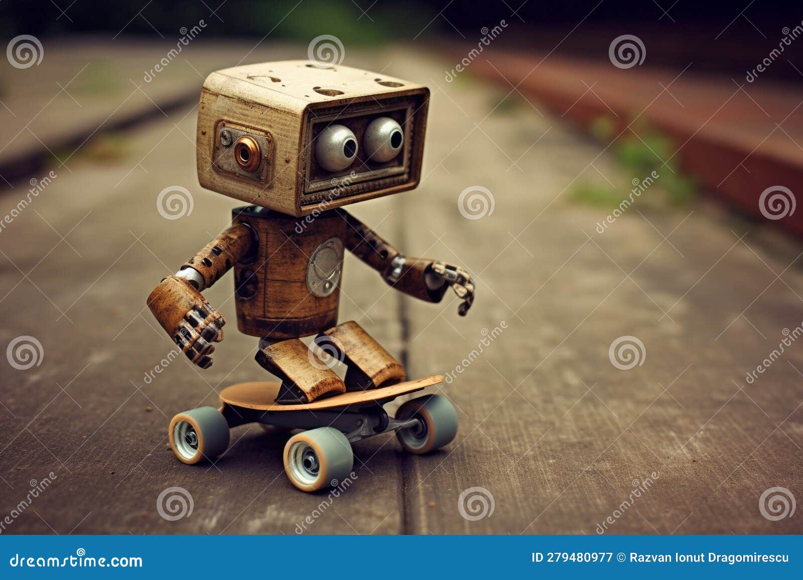 Small, Comical Robot Expertly Maneuvering on a Skateboard Representing ...