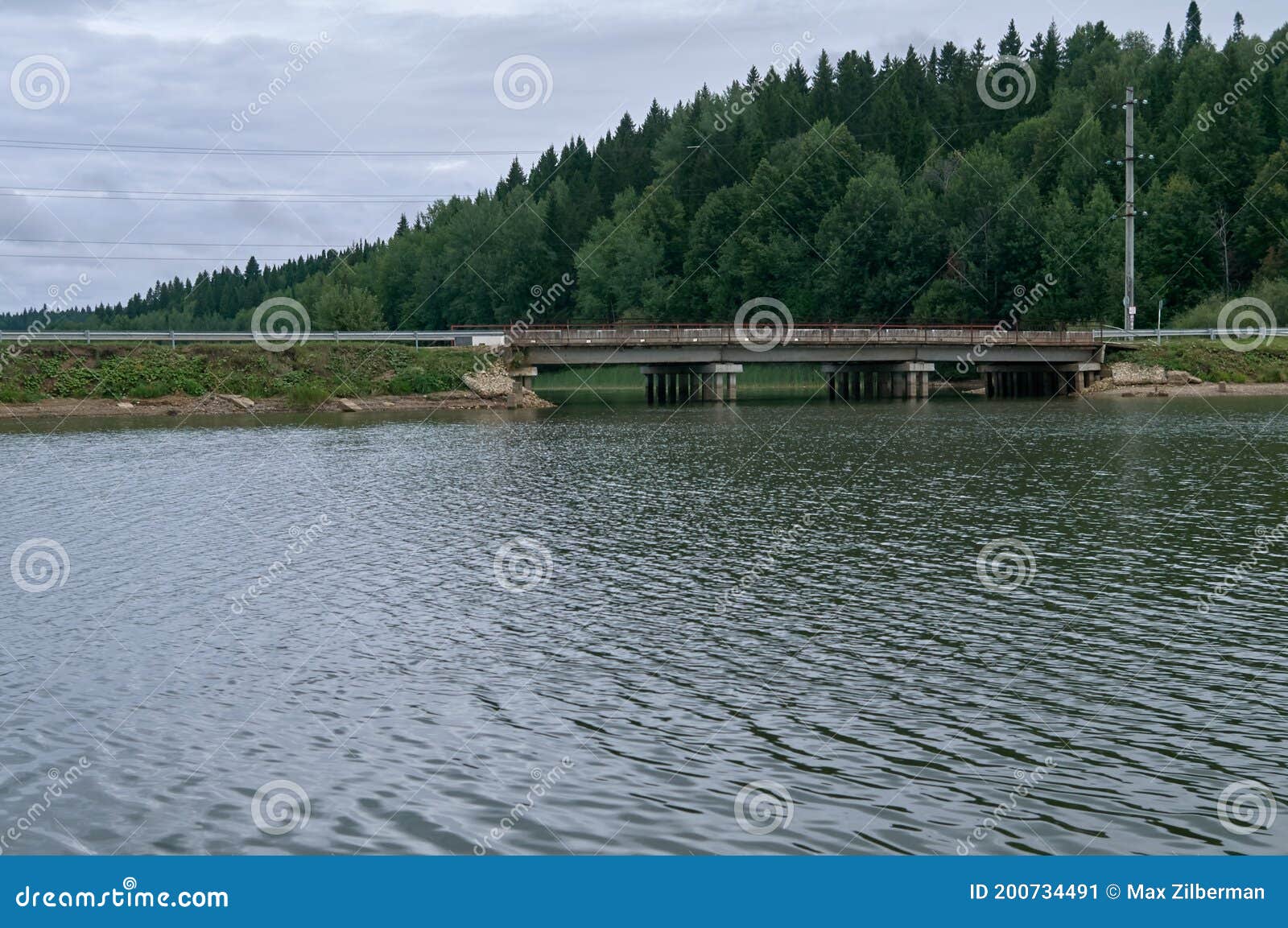 Small Concrete Bridge Over the River or Lake with Dense Forest on ...