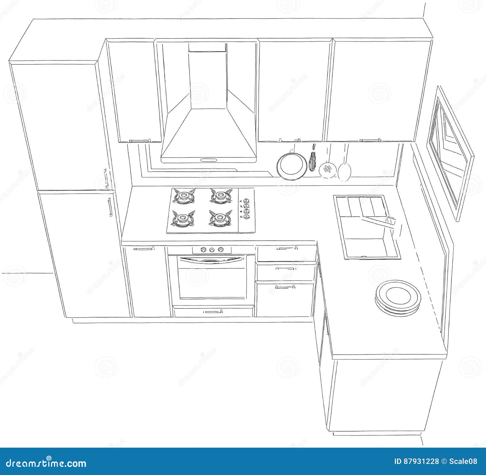 Small Corner Kitchen Interior Sketch 3d Illustration. Stock ...