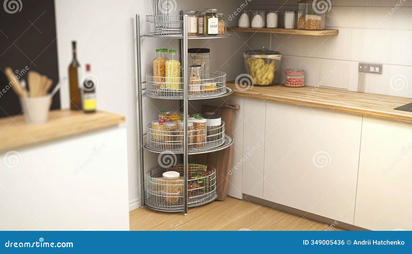 A Small Corner Pantry with Rotating Shelves and Pull-out Baskets. Stock ...