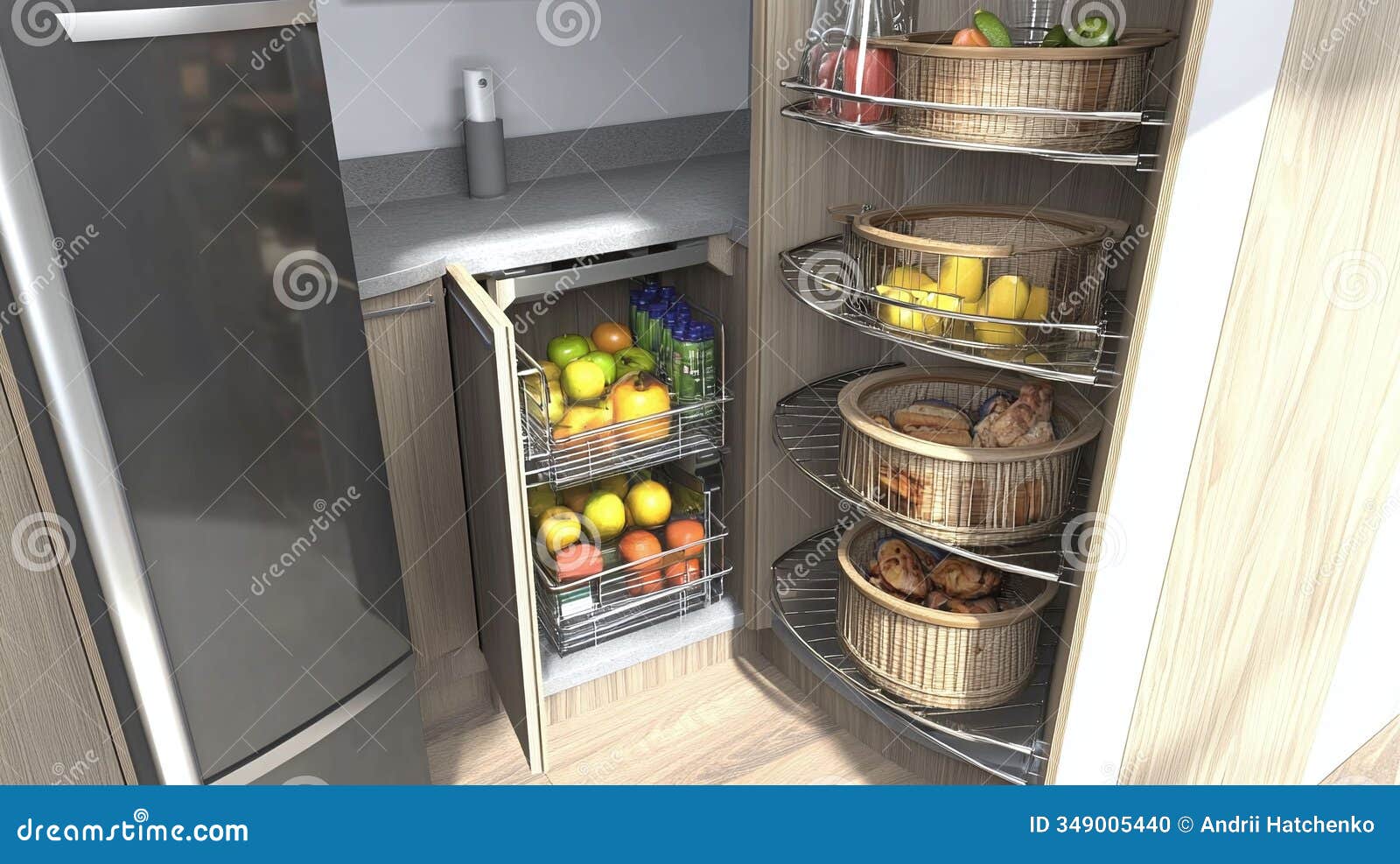 A Small Corner Pantry with Rotating Shelves and Pull-out Baskets. Stock ...