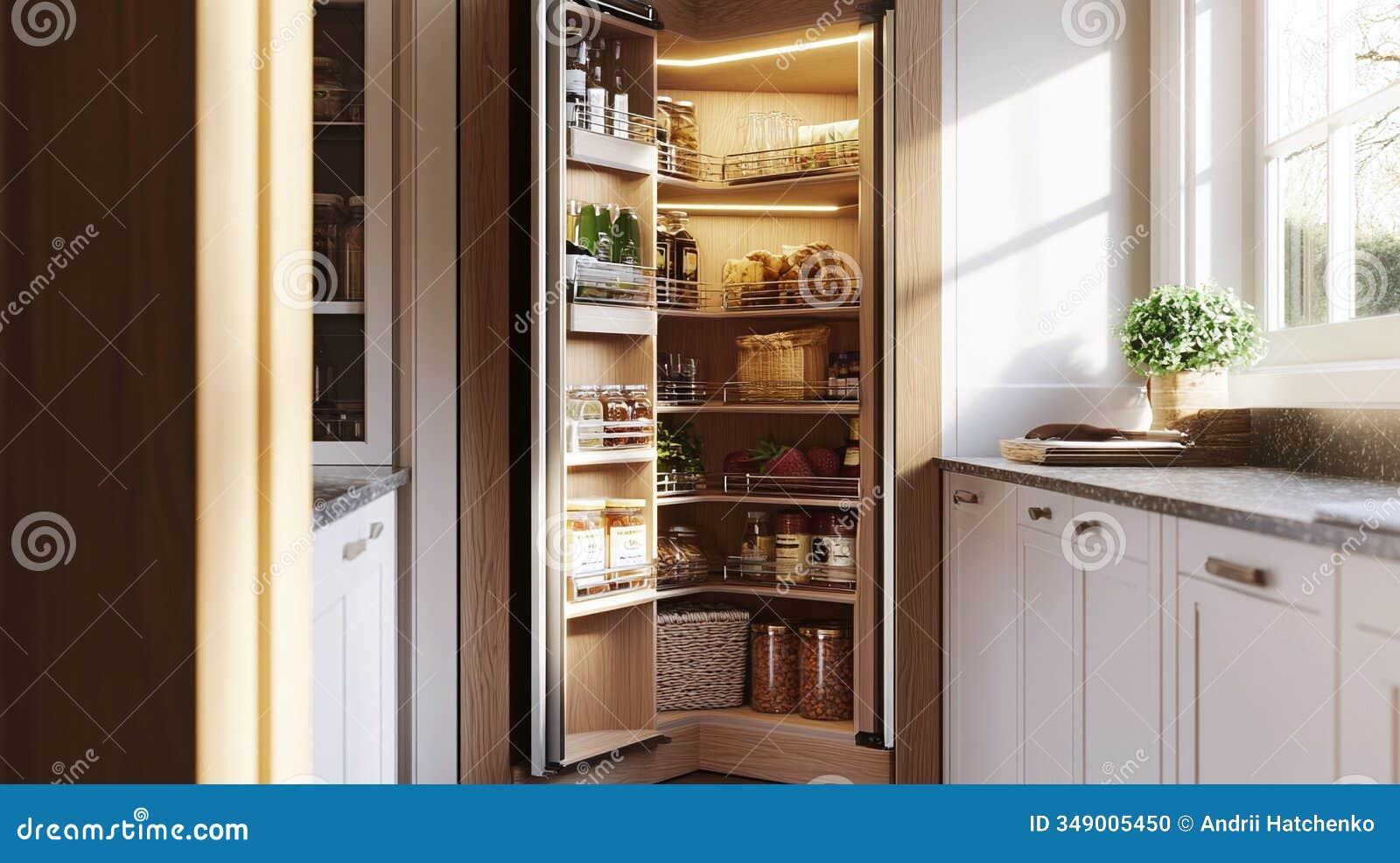 A Small Corner Pantry with Rotating Shelves and Pull-out Baskets. Stock ...