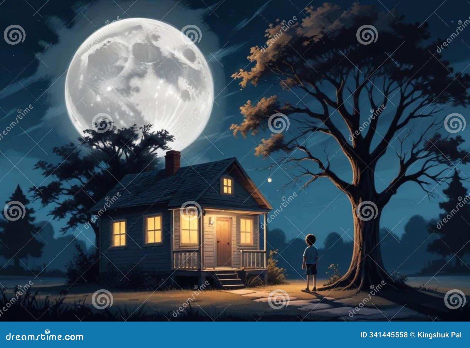 A Small Cottage with Tree, Under a Large Full Moon in a Night Sky ...