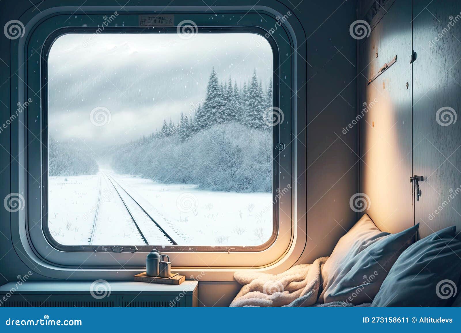 Small Cozy Compartment in Polar Express Train and Winter View Outside ...