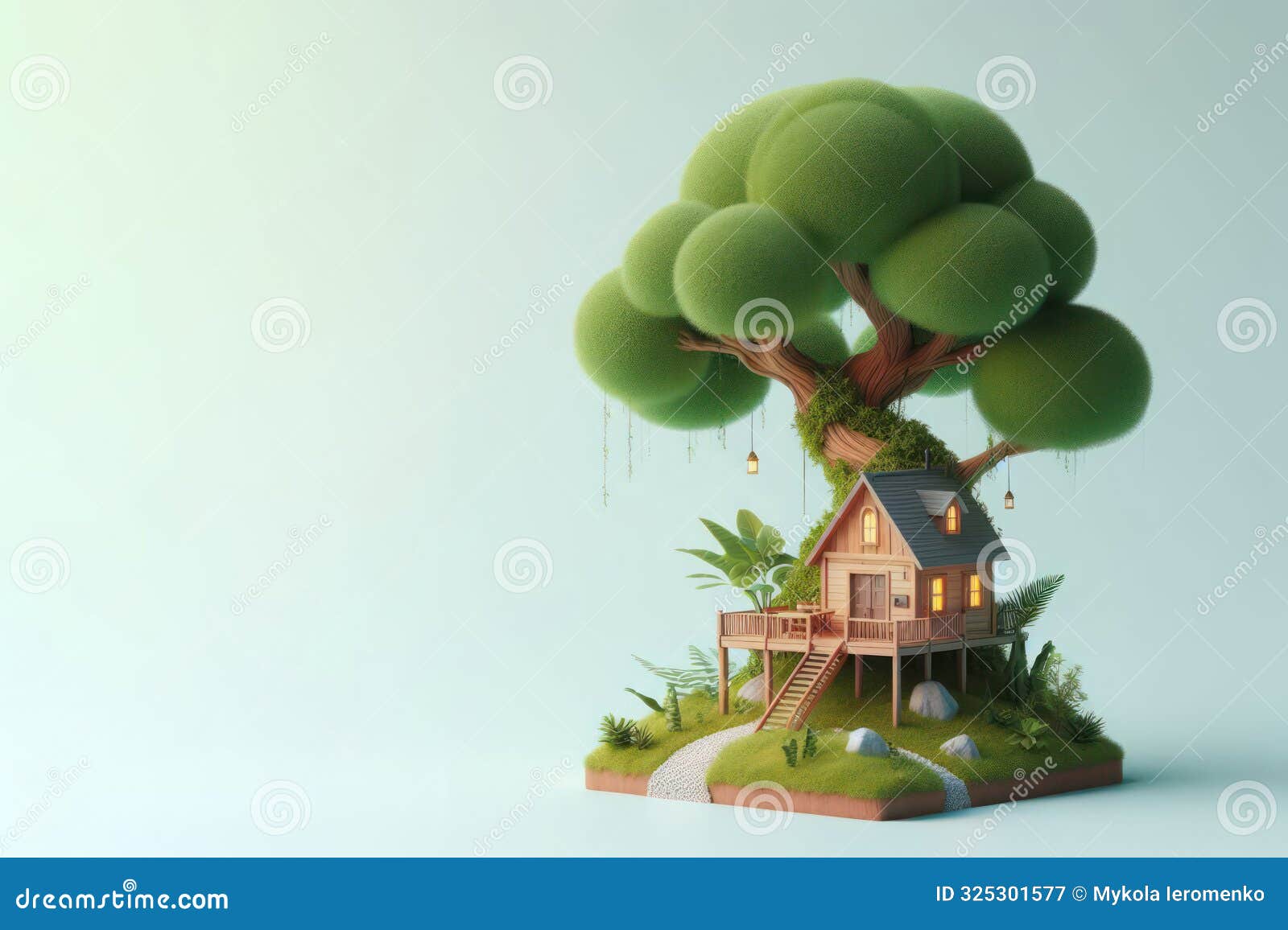 A Small, Cozy House Under a Tree. Space for Text. Stock Image - Image ...
