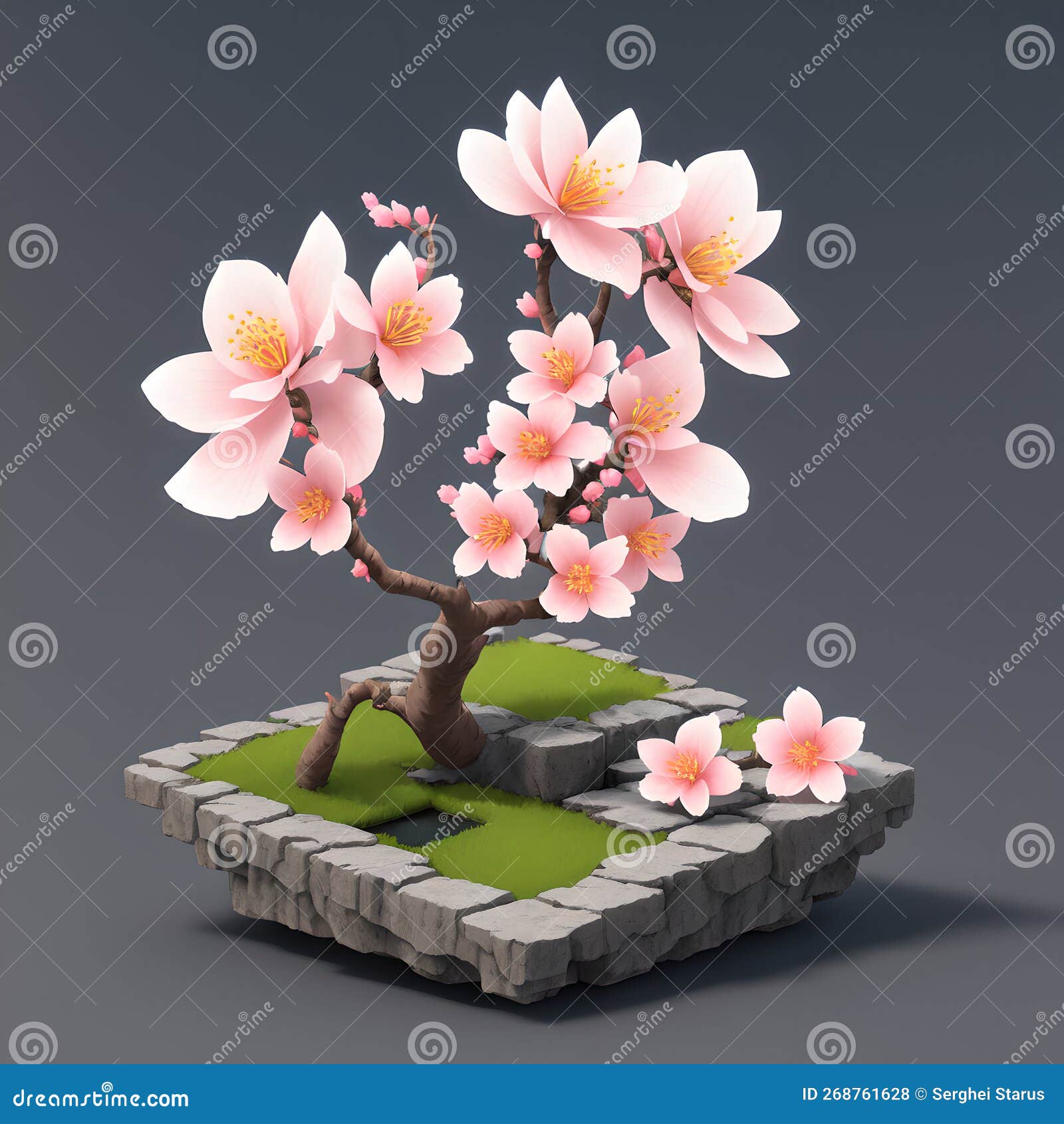 A Small Cute Blossoming Sakura Bonsai Tree, 3d Isometric Reference ...