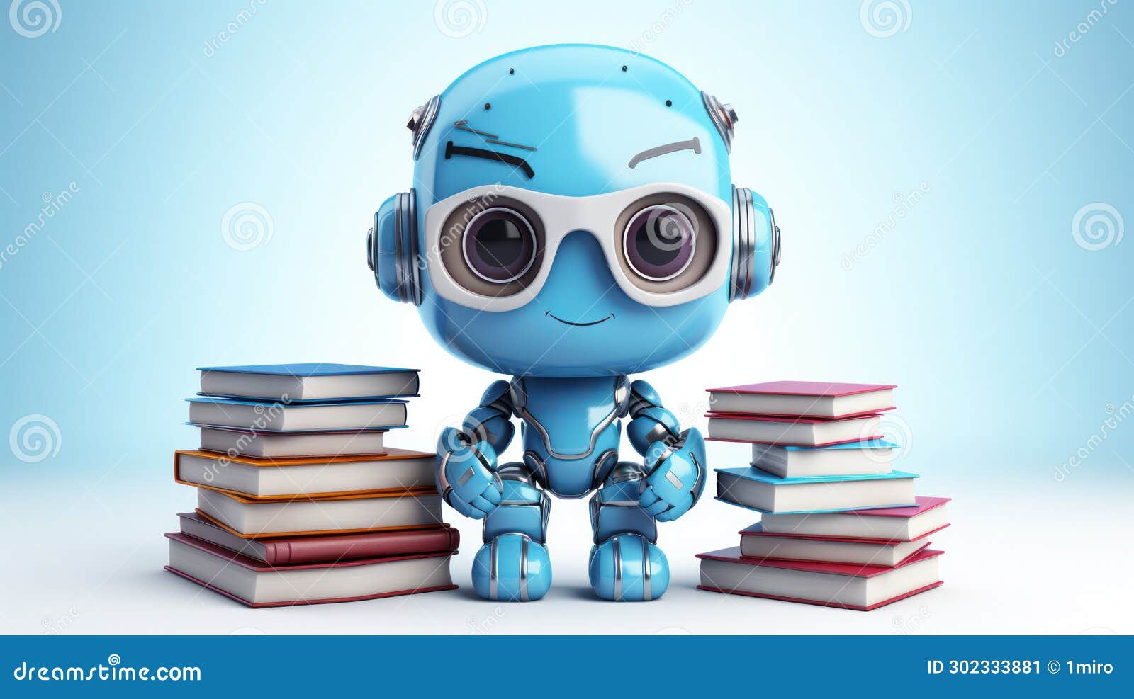 Small Cute Blue Robot is Standing between Books Pile, AI Generated ...
