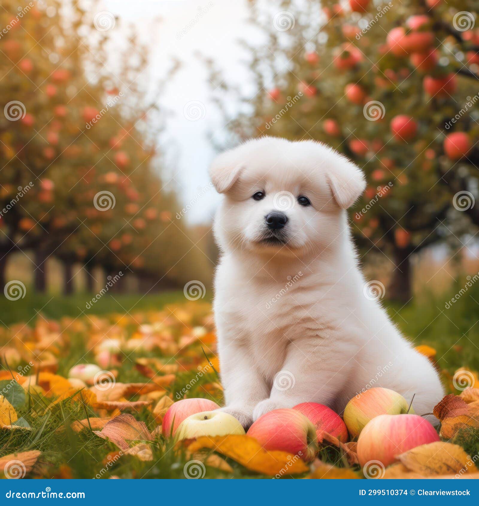 Small Cute Dog Sitting Waiting in an Apple Orchard Stock Illustration ...