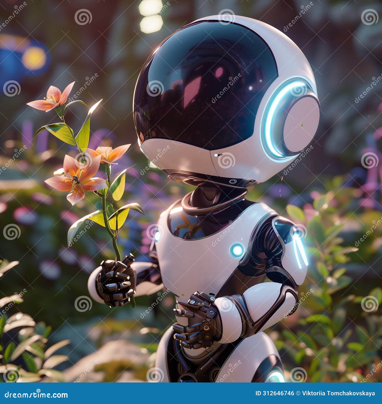 Small Cute Robot with Flowers, Cartoon Character Stock Illustration ...