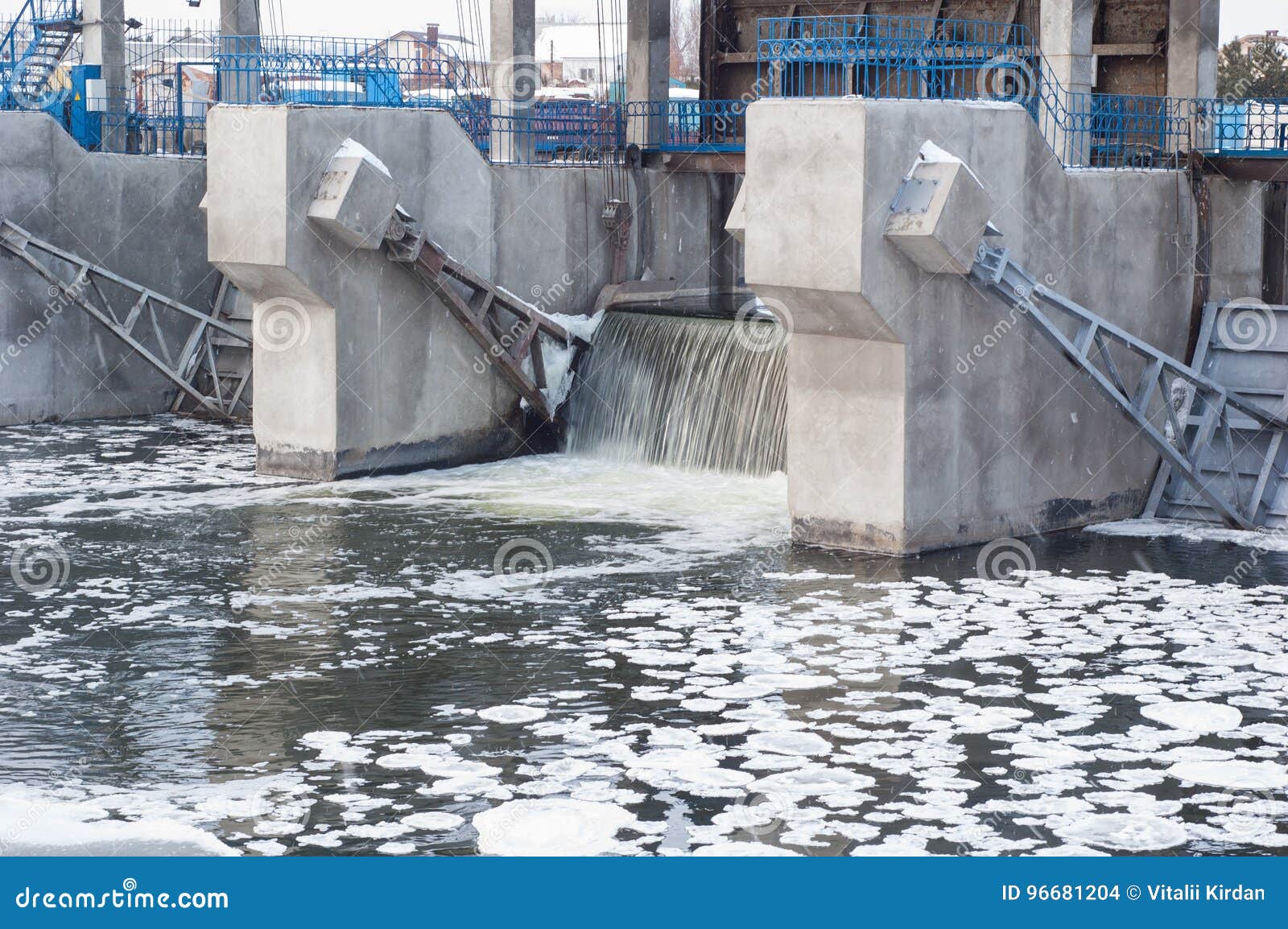 Small Dam on an Ice-covered River Stock Photo - Image of environment ...
