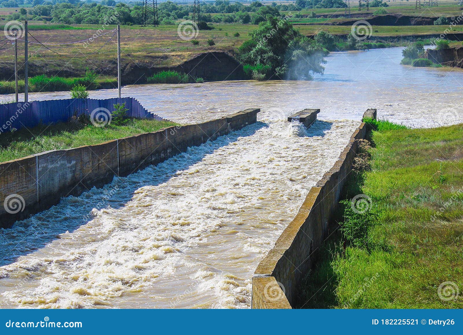 Small Dam with Water Flowing Rapids. Seen Lines and Patterns with Foam ...
