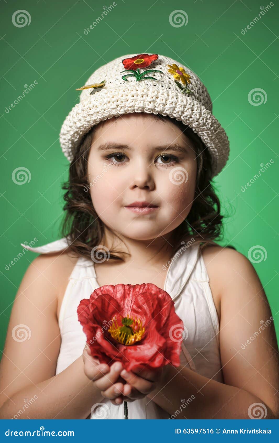 Small Dark-haired Girl with Red Poppy Stock Photo - Image of flowers ...