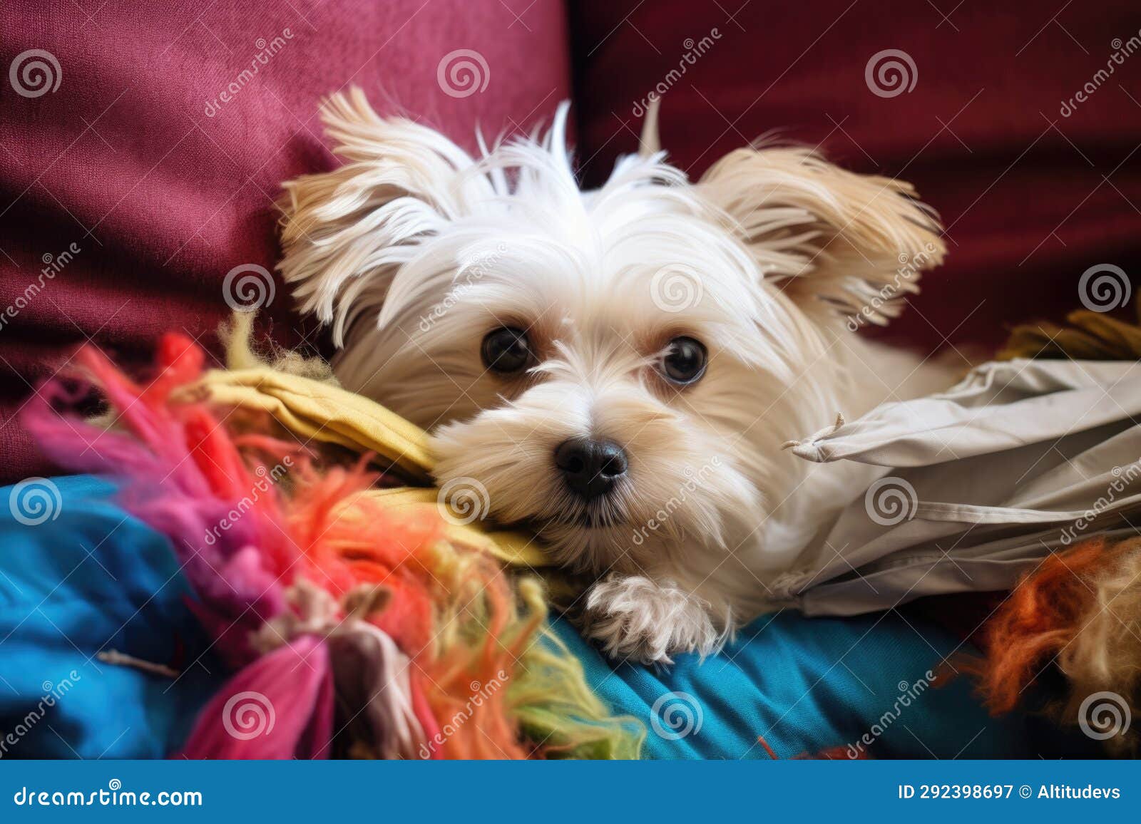 A Small Dog Amid a Torn Pillow, Feathers Stuck on Its Snout Stock Image ...