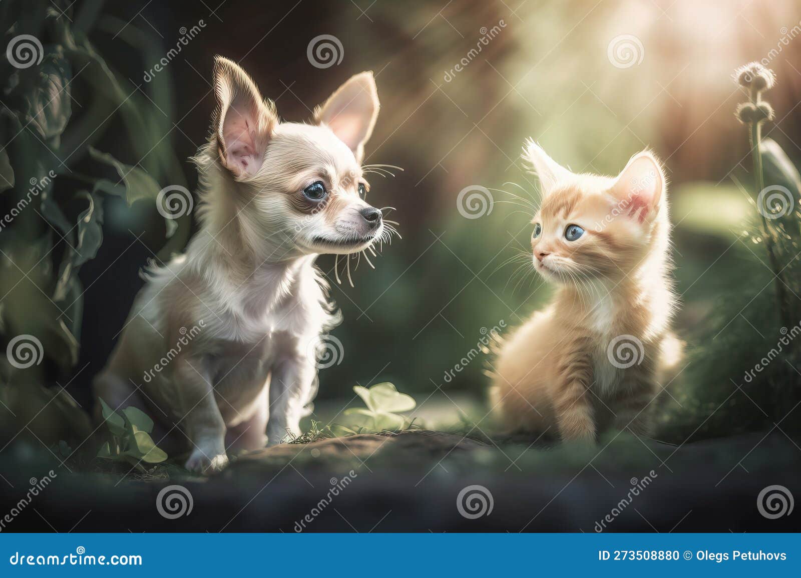 A Small Dog and a Small Cat Standing in the Grass Stock Photo - Image ...