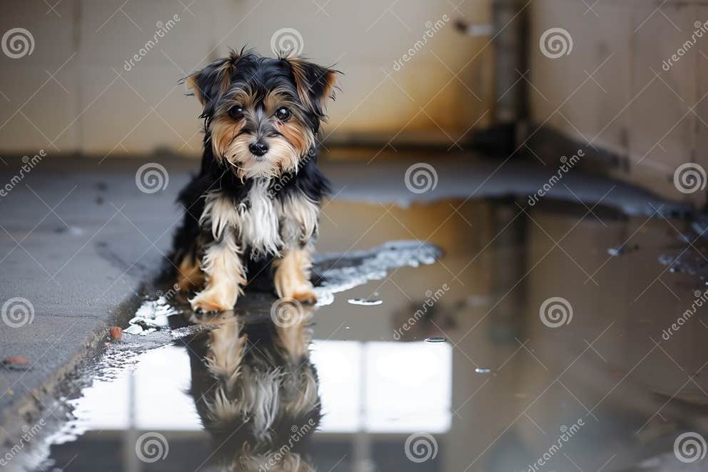 Small Dog beside a Puddle Indoors Stock Photo - Image of puddle, floor ...