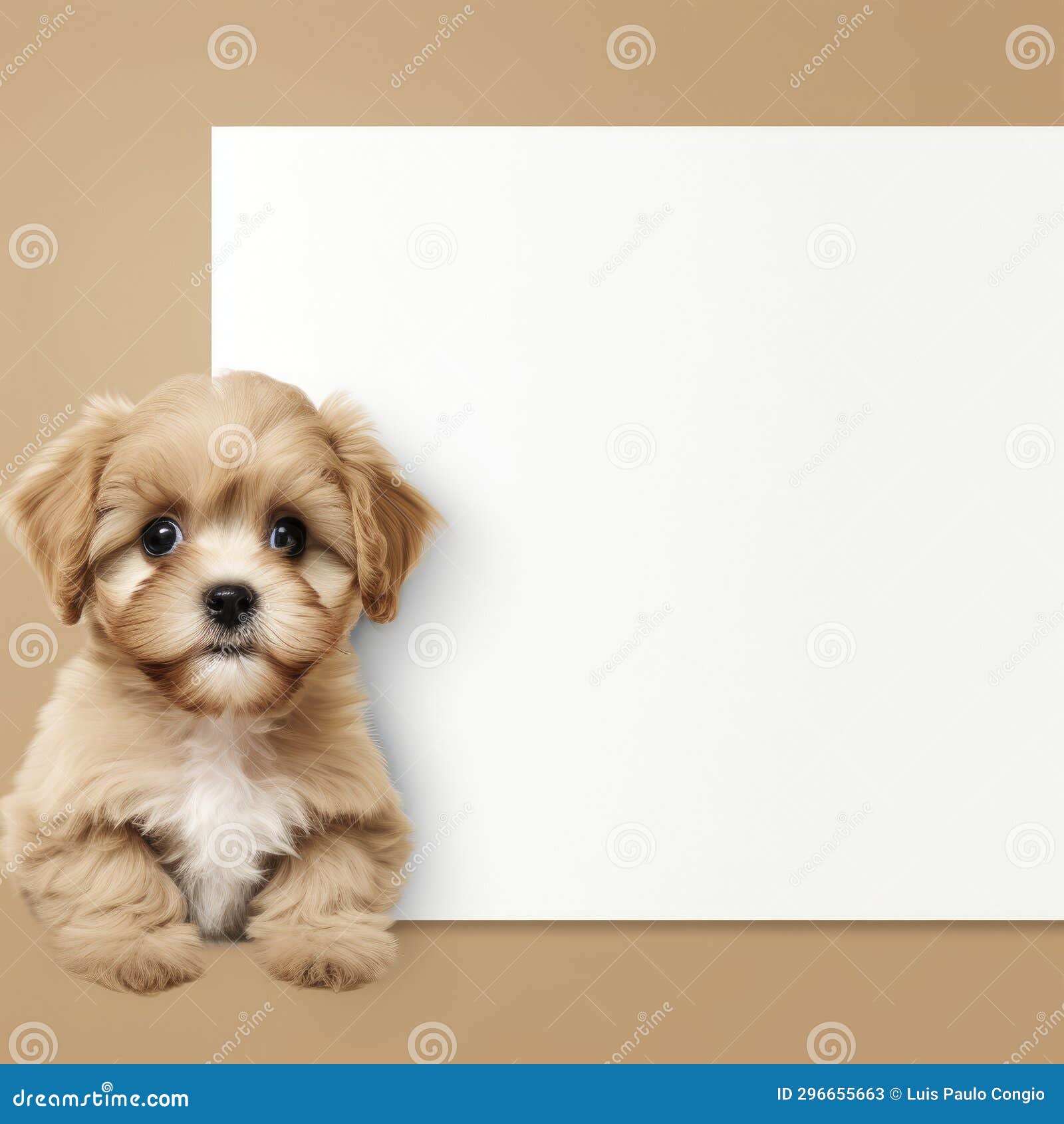 A Small Dog Sitting Behind a White Sign Stock Image - Image of canine ...