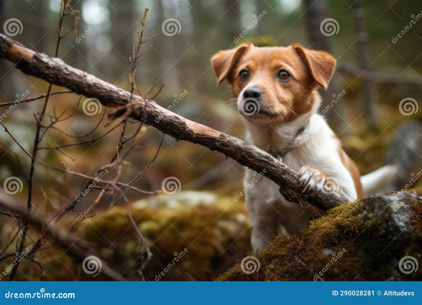 A Small Dog Struggling with a Stick Twice Its Size in the Woods Stock ...