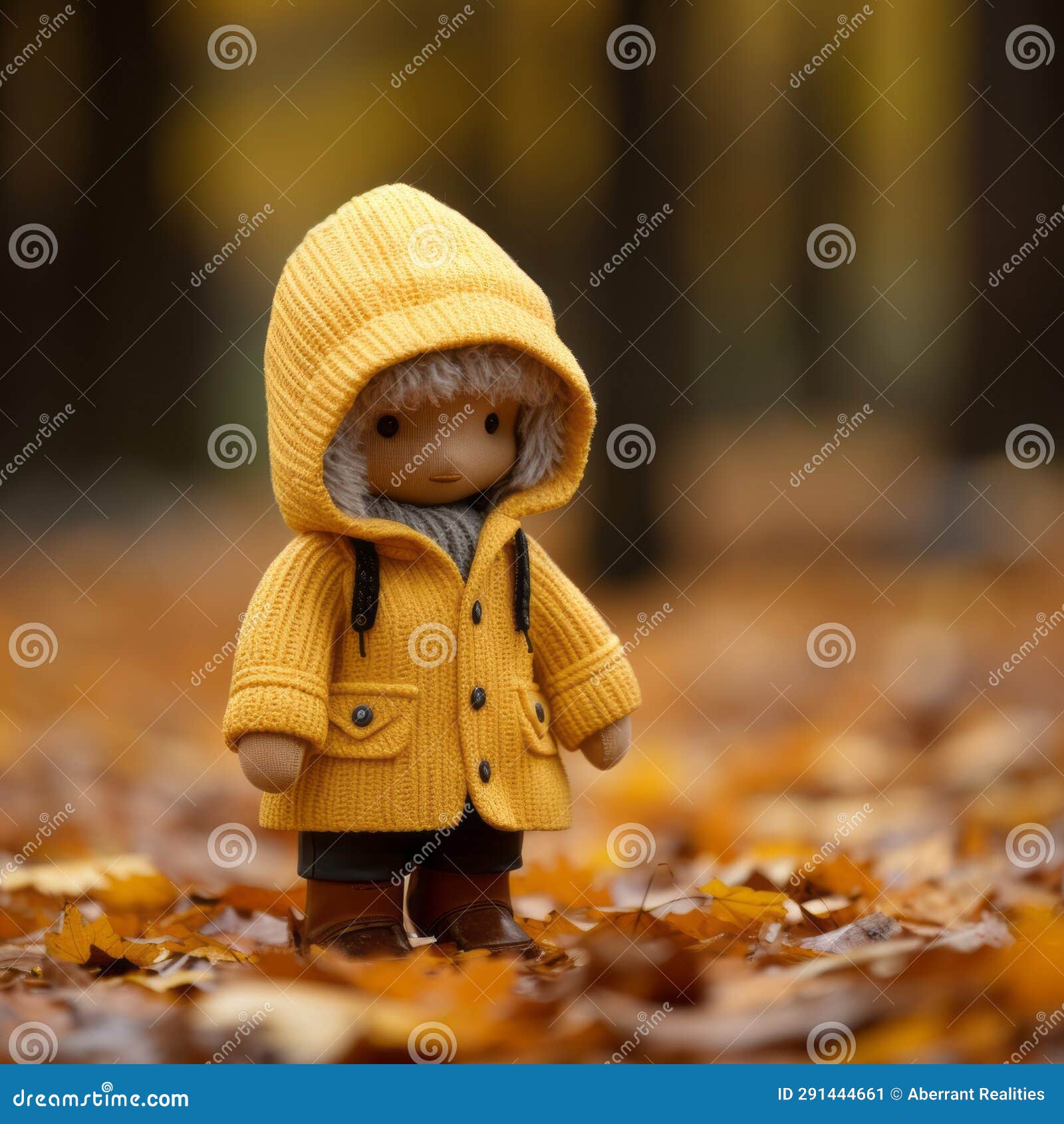 A Small Doll in a Yellow Coat Standing in the Leaves Stock Illustration ...