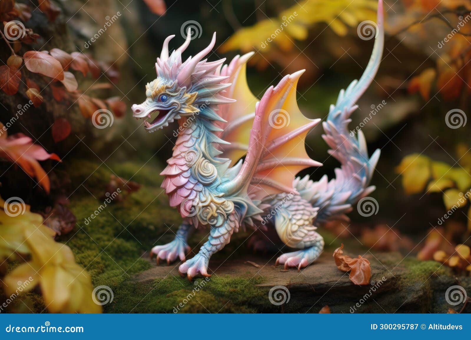 Small Dragon Figurine Set Against a Backdrop of a Painted Forest Stock ...