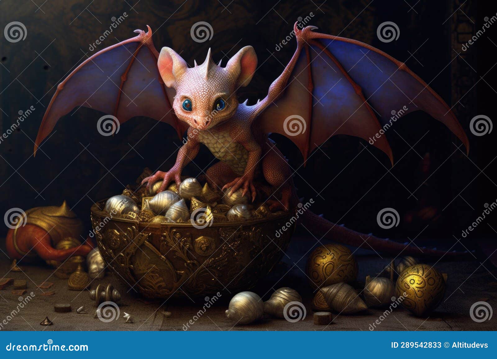 Small Dragon Guarding a Treasure Stock Illustration - Illustration of ...