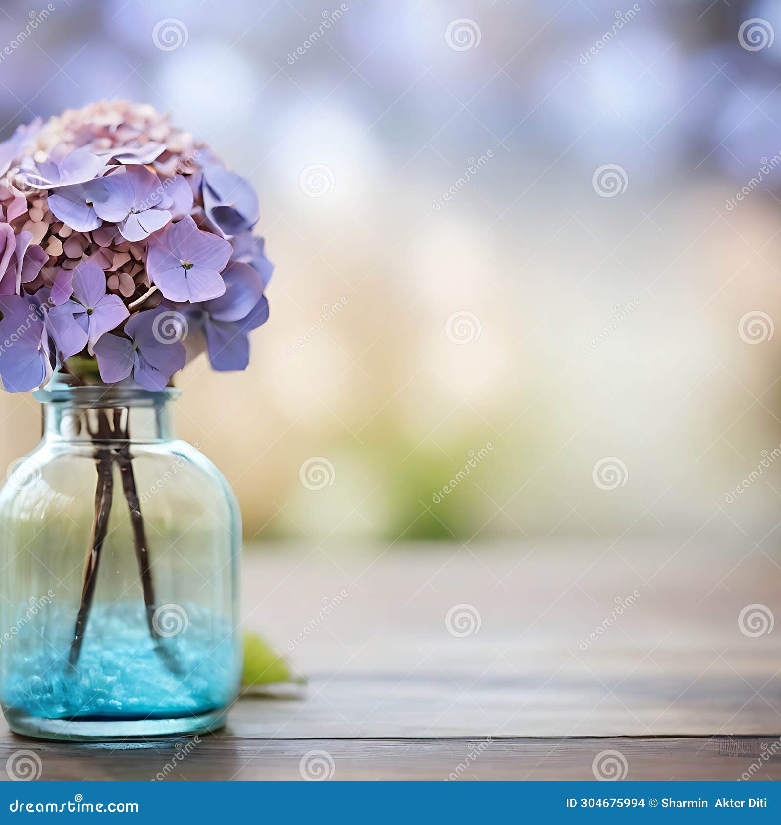 Small Dried Hydrangea Flower in Glass Bottle with Bokeh Background ...
