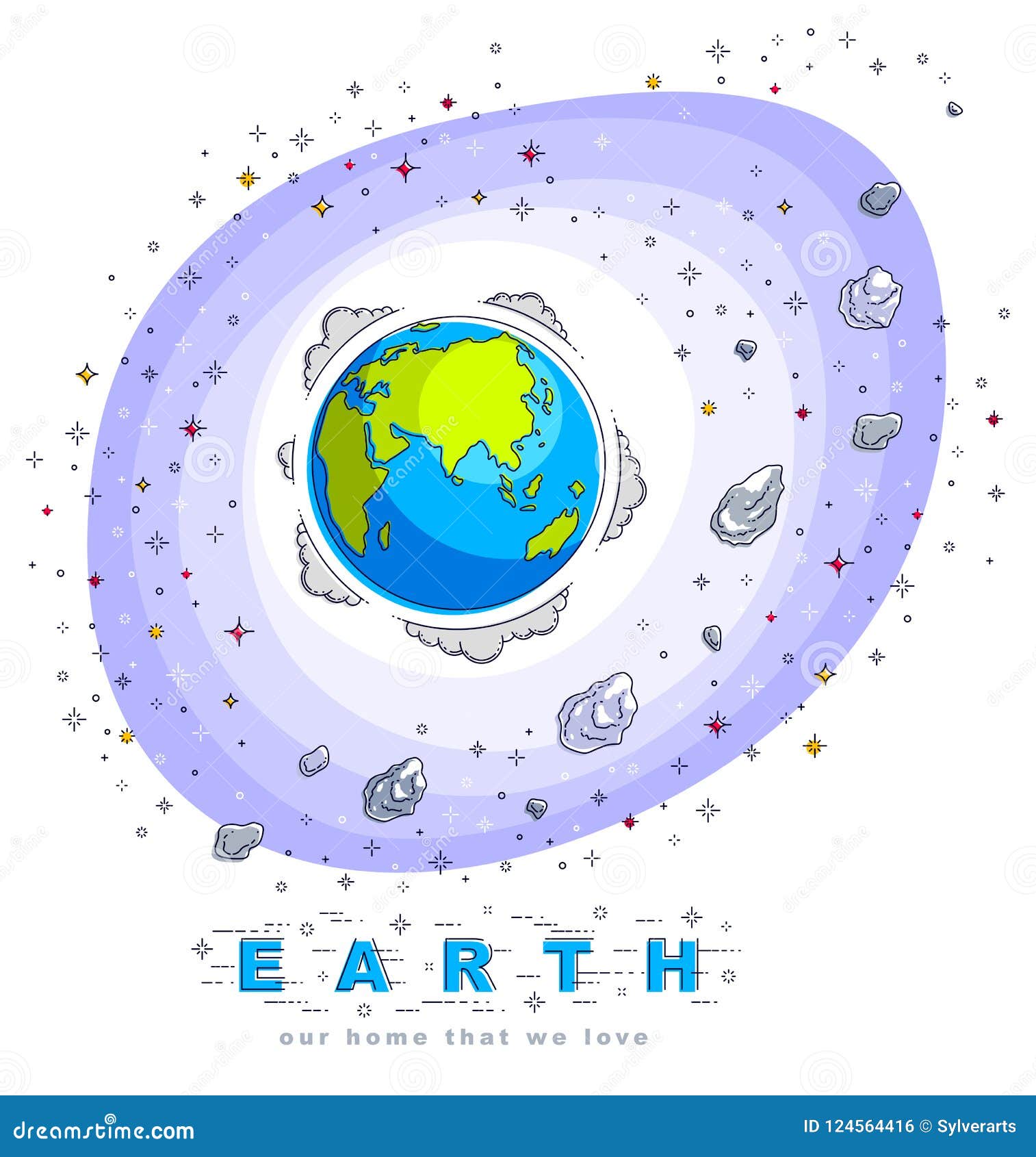 Small Earth in Endless Space Surrounded by Asteroids, Comets, Me Stock ...