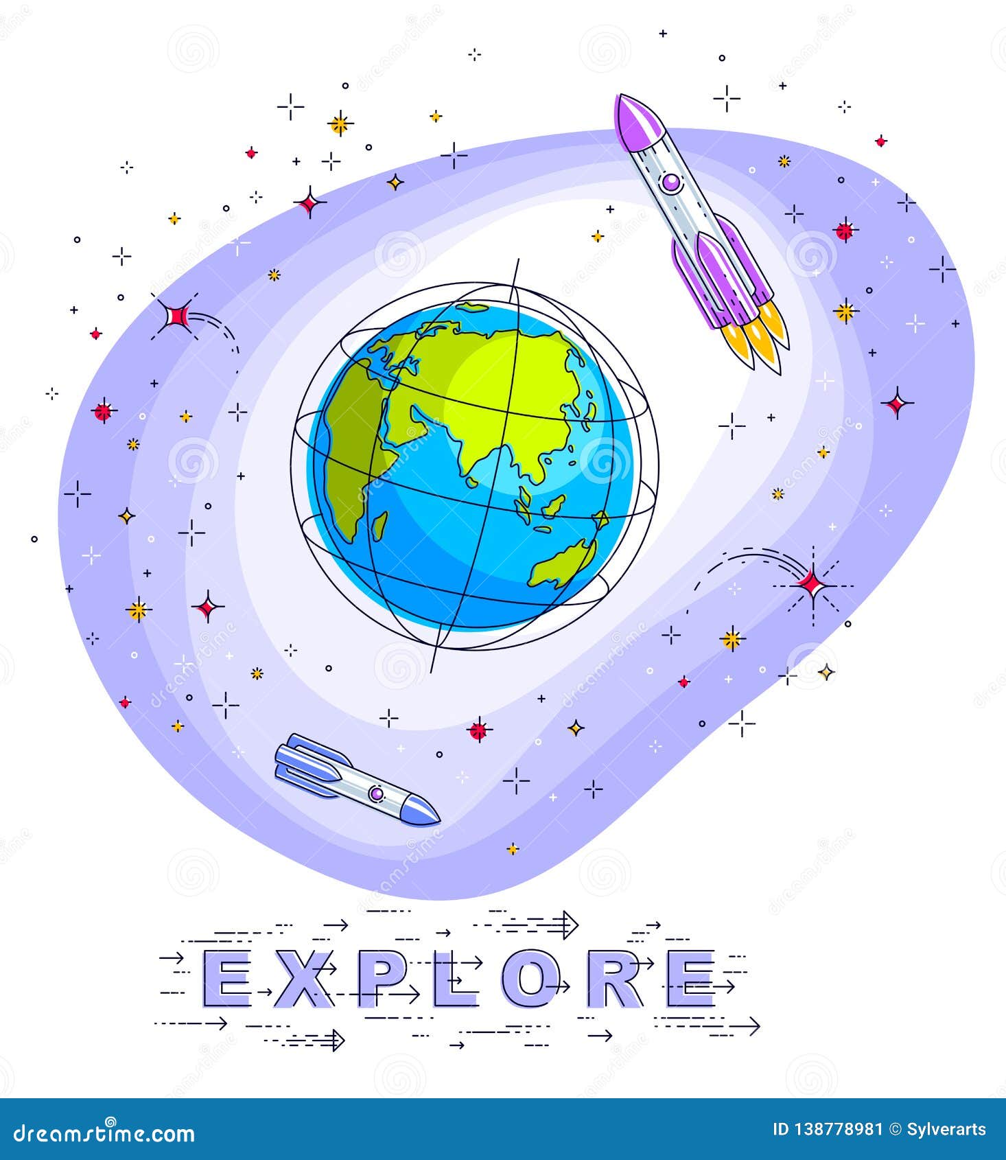 Small Earth in Endless Space Surrounded by Asteroids, Rockets, Meteors ...