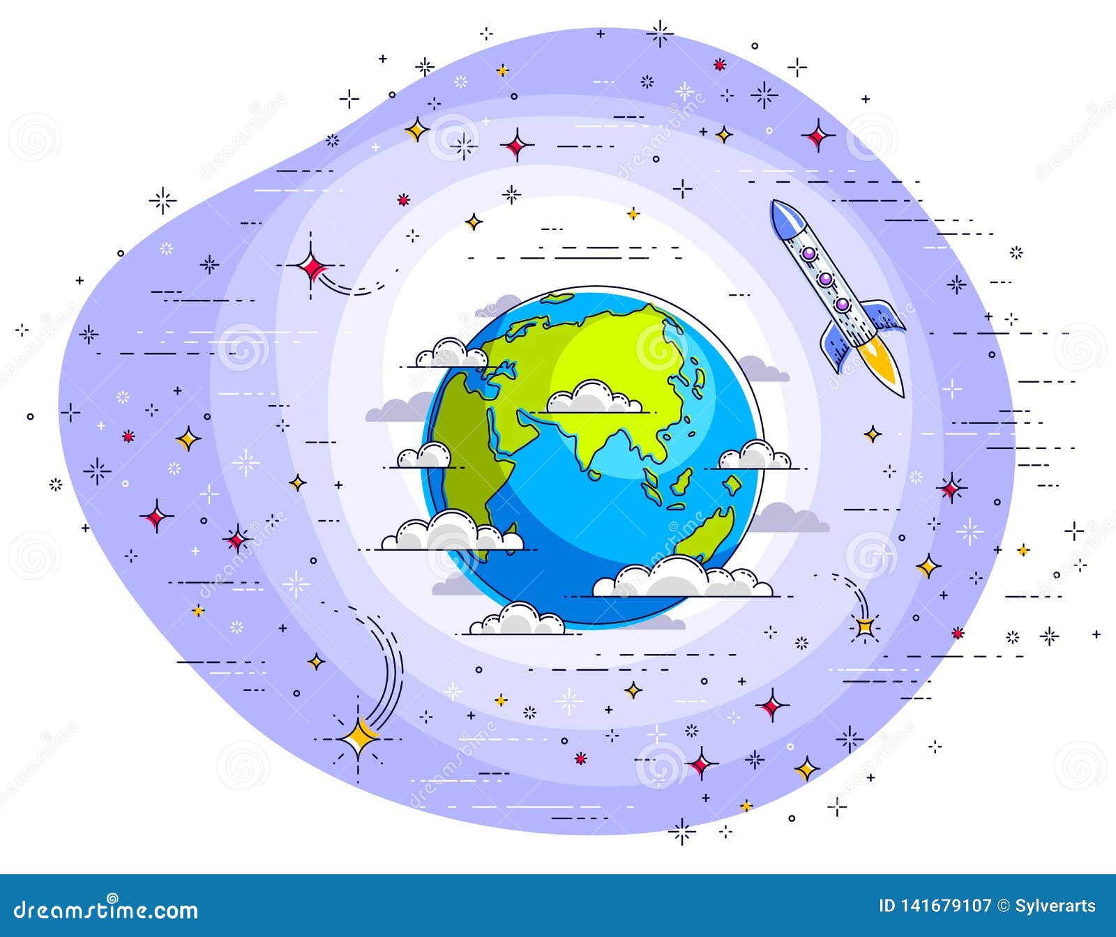 Small Earth in Endless Space Surrounded by Asteroids, Rockets, Meteors ...