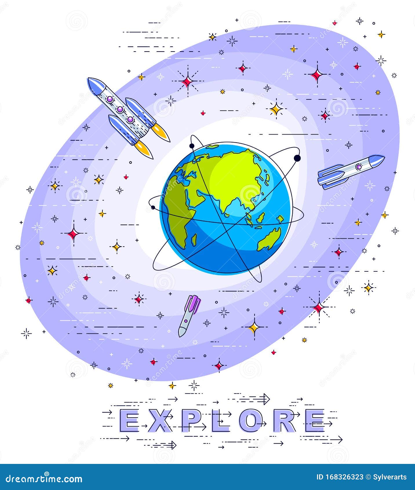 Small Earth in Endless Space Surrounded by Asteroids, Rockets, Meteors ...