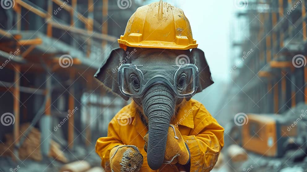 A Small Elephant Wearing a Hard Hat and Goggles in the Middle of ...