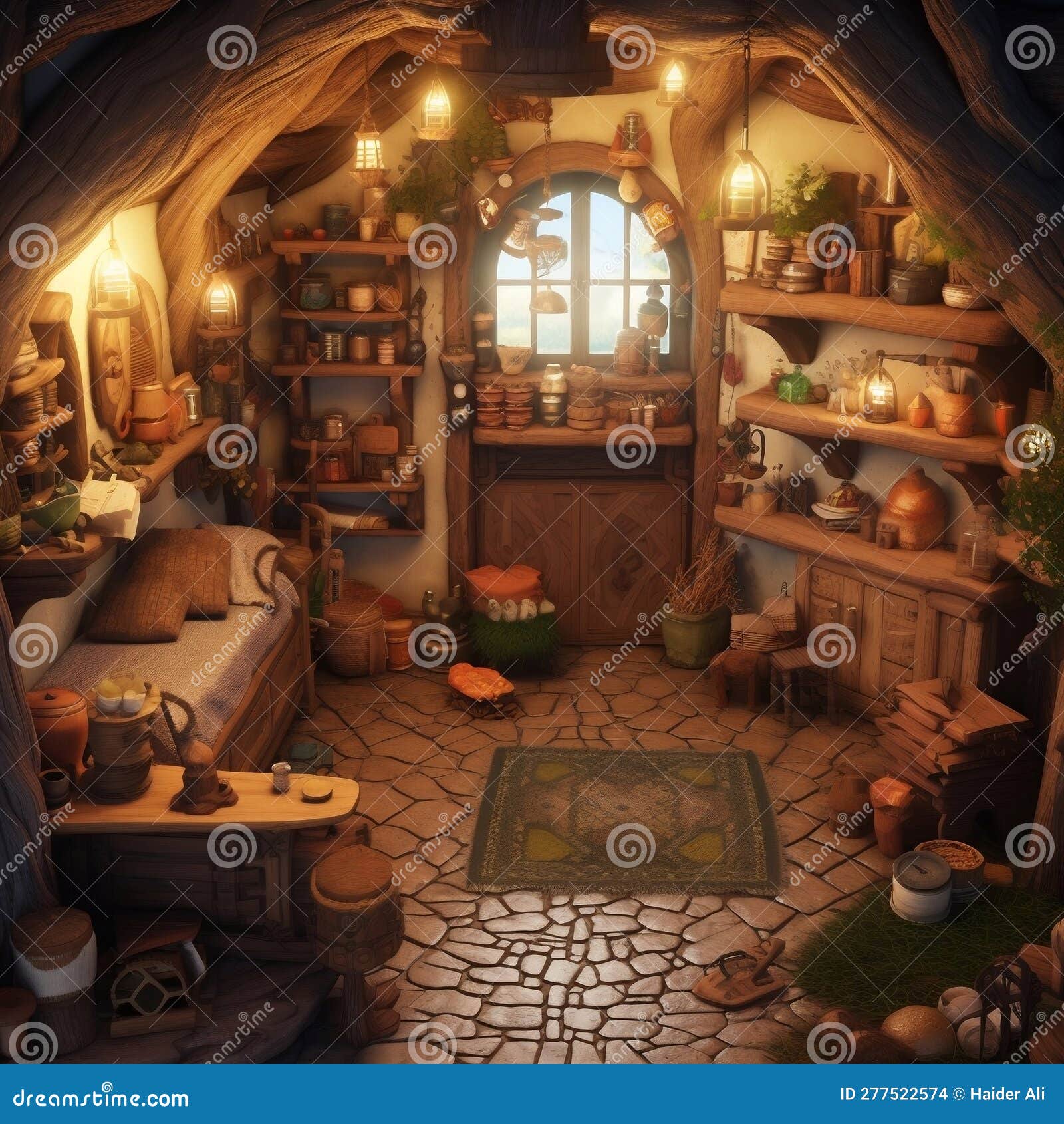 Small Elf or Dwarf House Interior. Generative AI Stock Illustration ...
