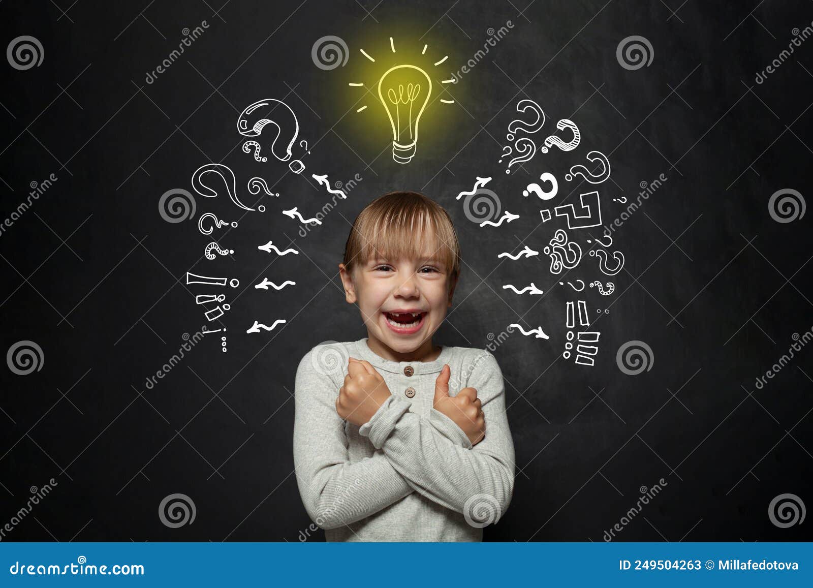 Small Emotional Child Have a Big Idea on Blackboard Background Stock ...