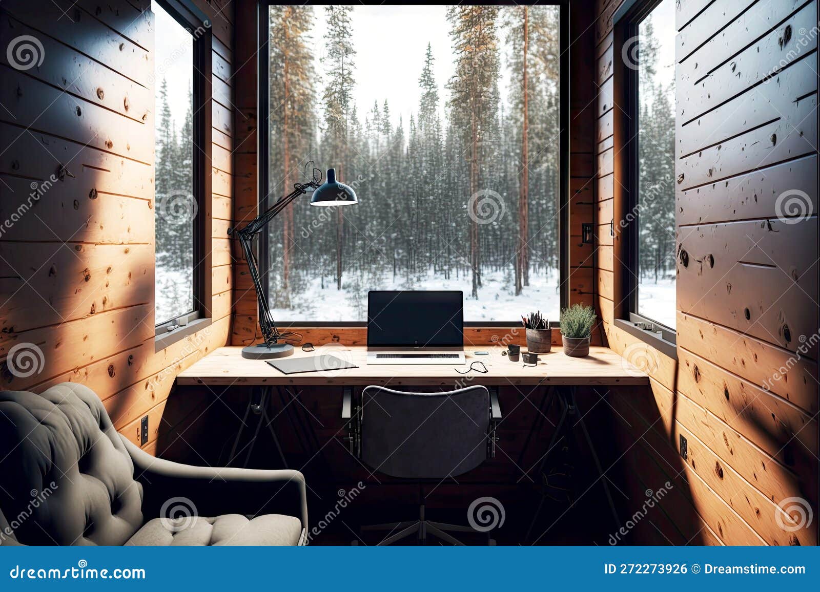 Small Empty Home Office in Cabin in Forest with Modern Interior Stock ...