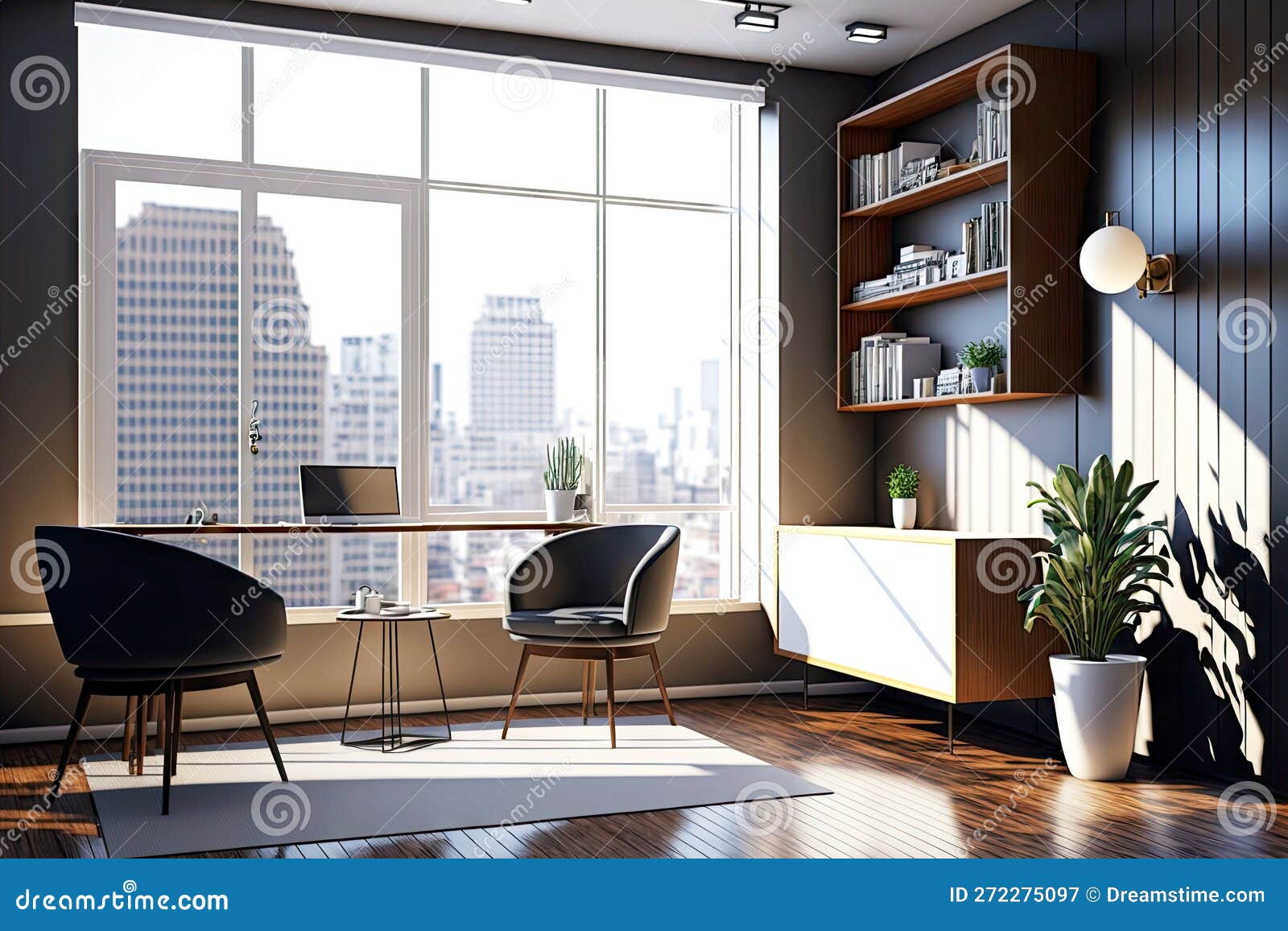 Small Empty Office in Modern Cozy Interior with Large Windows and City ...