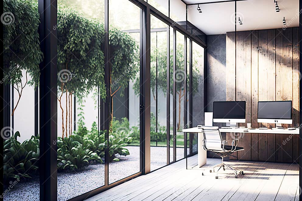 Small Empty Office Overlooking Garden with High-tech Interior Stock ...