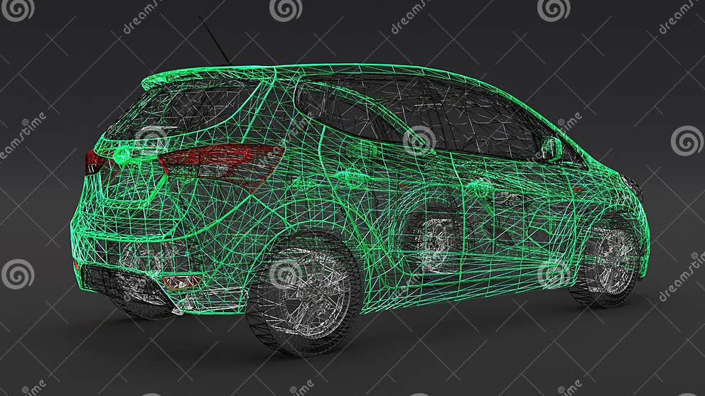 Small Family Car, Mesh Design. 3D Rendering Stock Illustration ...