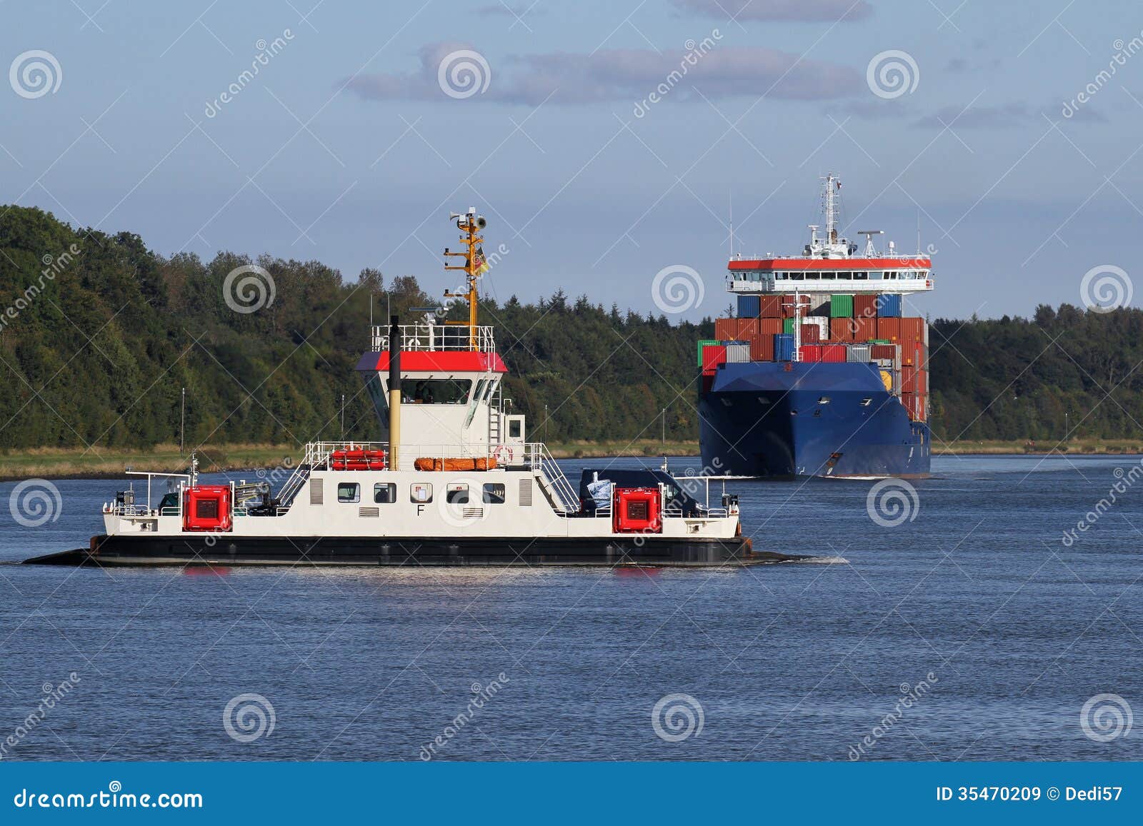 Small Ferry and Container Ship on Kiel Canal Stock Image - Image of ...